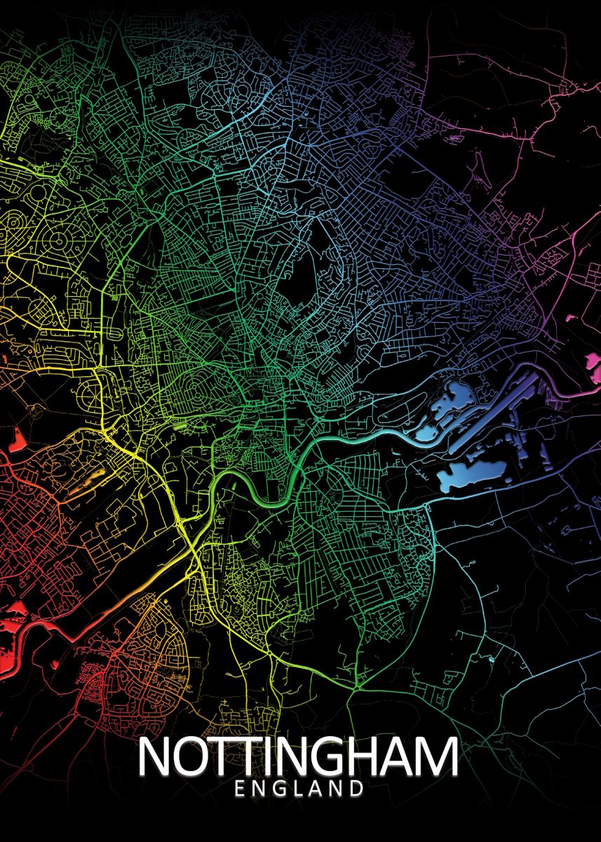 'Nottingham Rainbow CityMap' Poster, picture, metal print, paint by ...