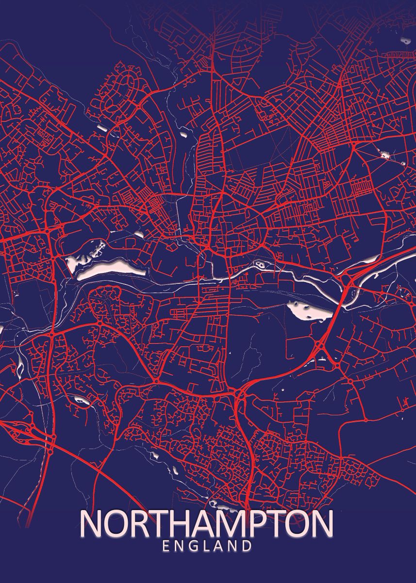 'Northampton Dark Blue Map' Poster, picture, metal print, paint by City ...