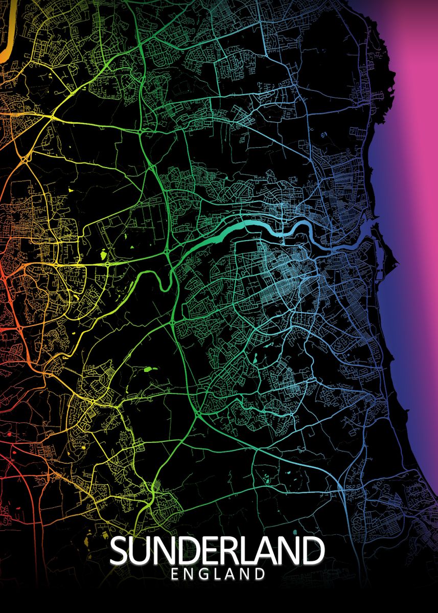 'Sunderland Rainbow CityMap' Poster, picture, metal print, paint by ...