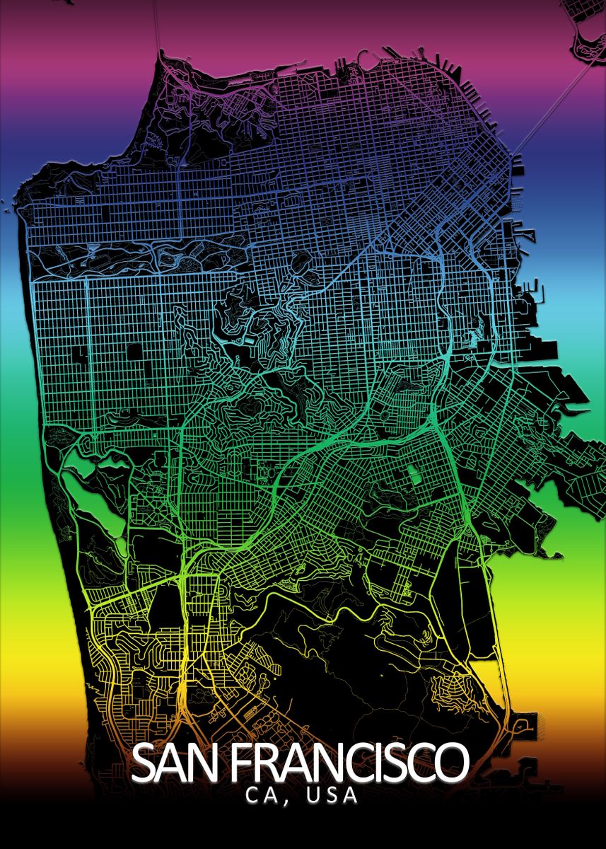 'San Francisco Rainbow Map' Poster, picture, metal print, paint by City ...