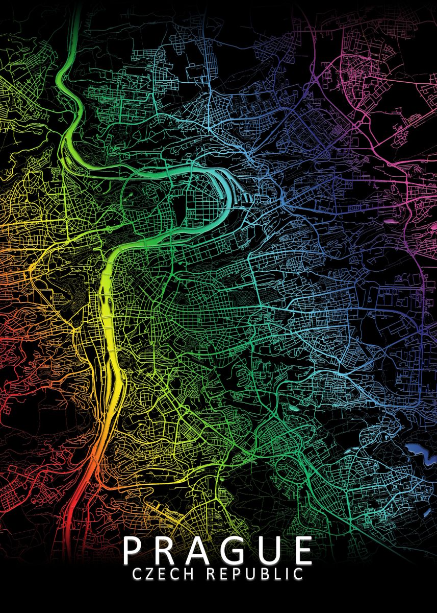 'Prague Rainbow City Map' Poster, picture, metal print, paint by City ...