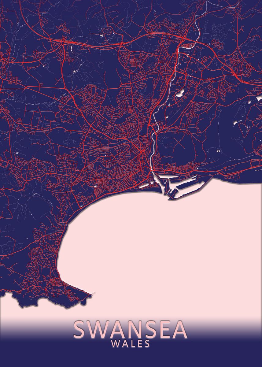 'Swansea Dark Blue City Map' Poster, picture, metal print, paint by ...