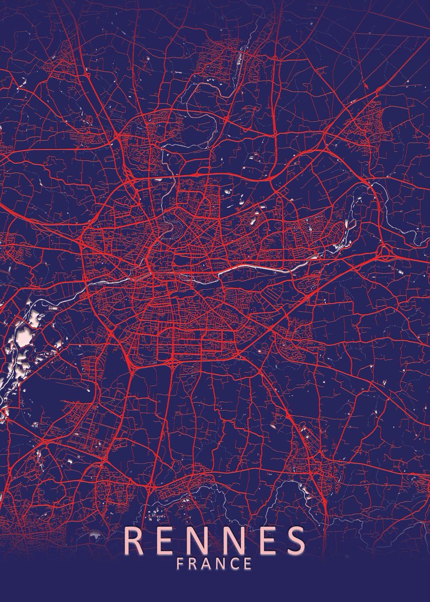 'Rennes Dark Blue City Map' Poster, picture, metal print, paint by City ...