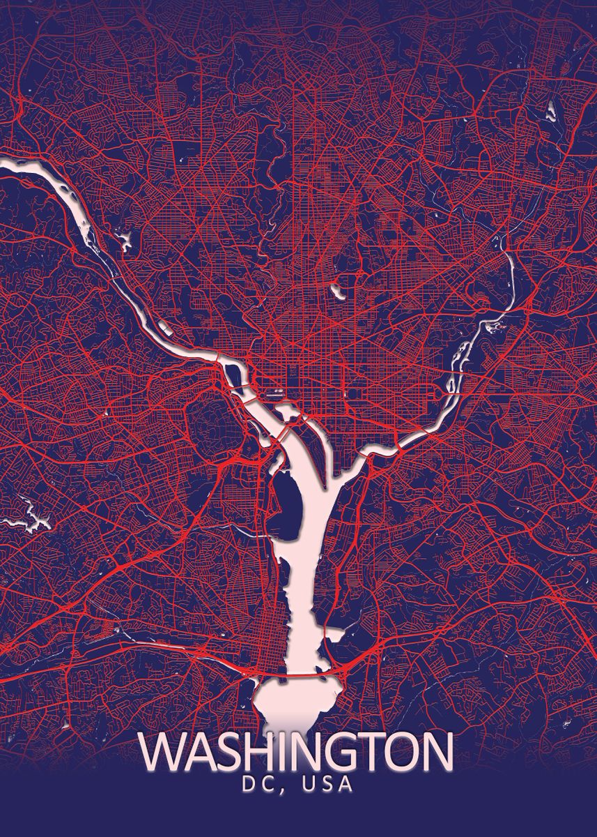 'Washington Dark Blue Map' Poster, picture, metal print, paint by City ...