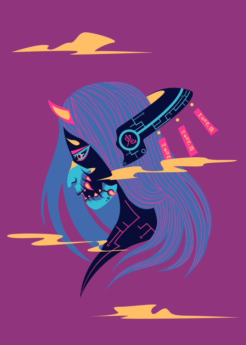 'Cyber ONI' Poster, picture, metal print, paint by Sofía Mengoni | Displate
