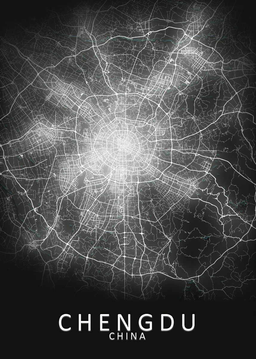 'Chengdu LED Glow City Map' Poster, picture, metal print, paint by City ...