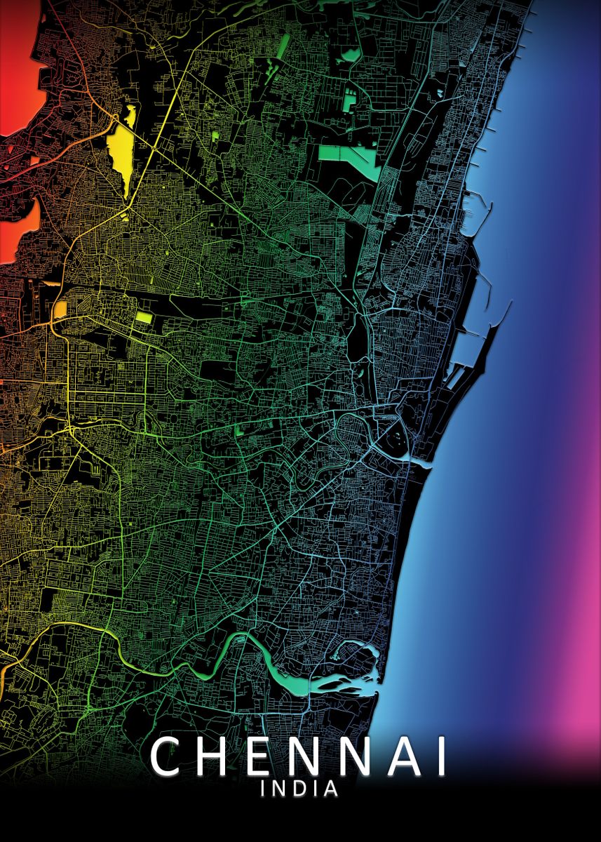 'Chennai Rainbow City Map' Poster, picture, metal print, paint by City ...