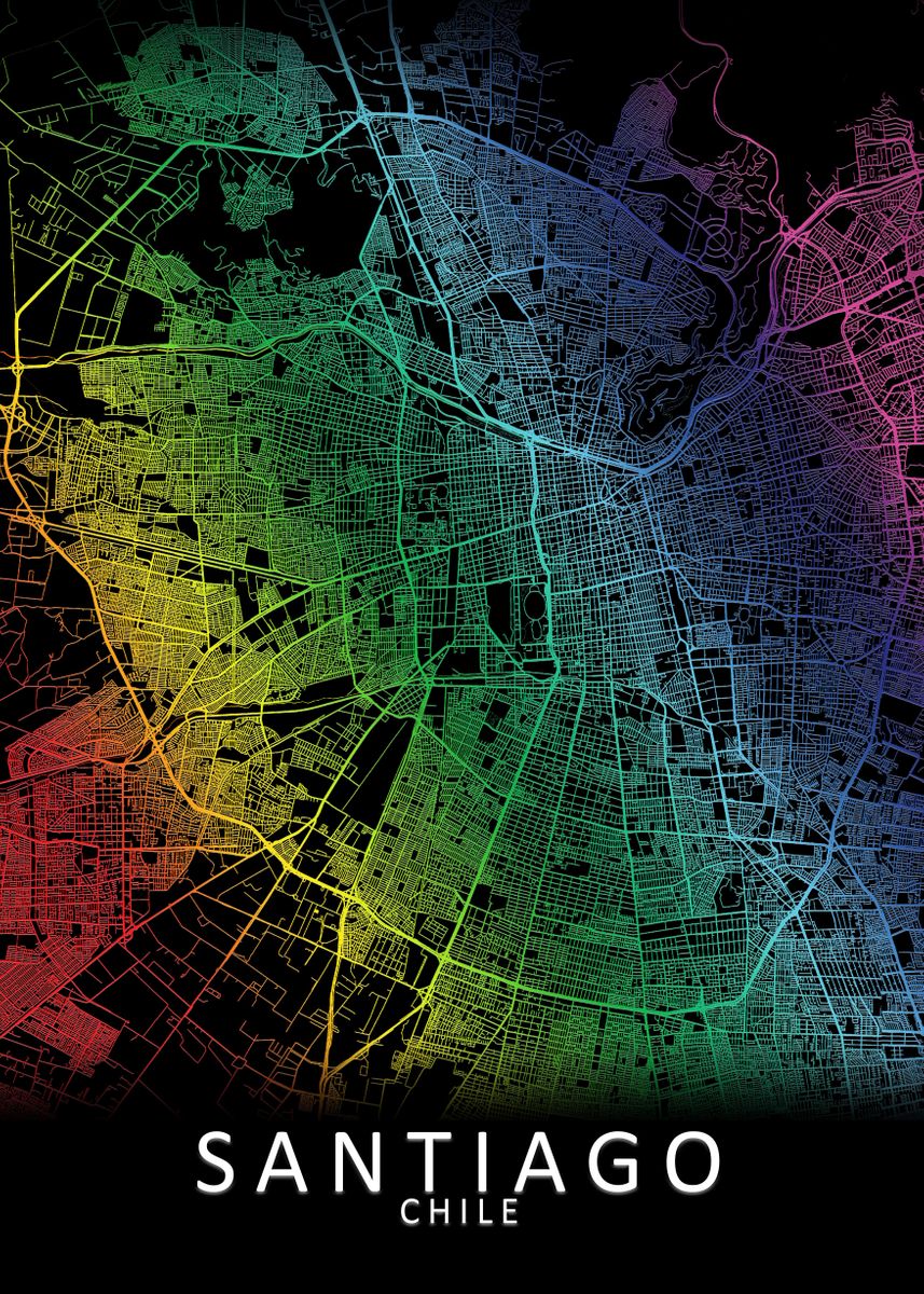'Santiago Rainbow City Map' Poster, picture, metal print, paint by City ...