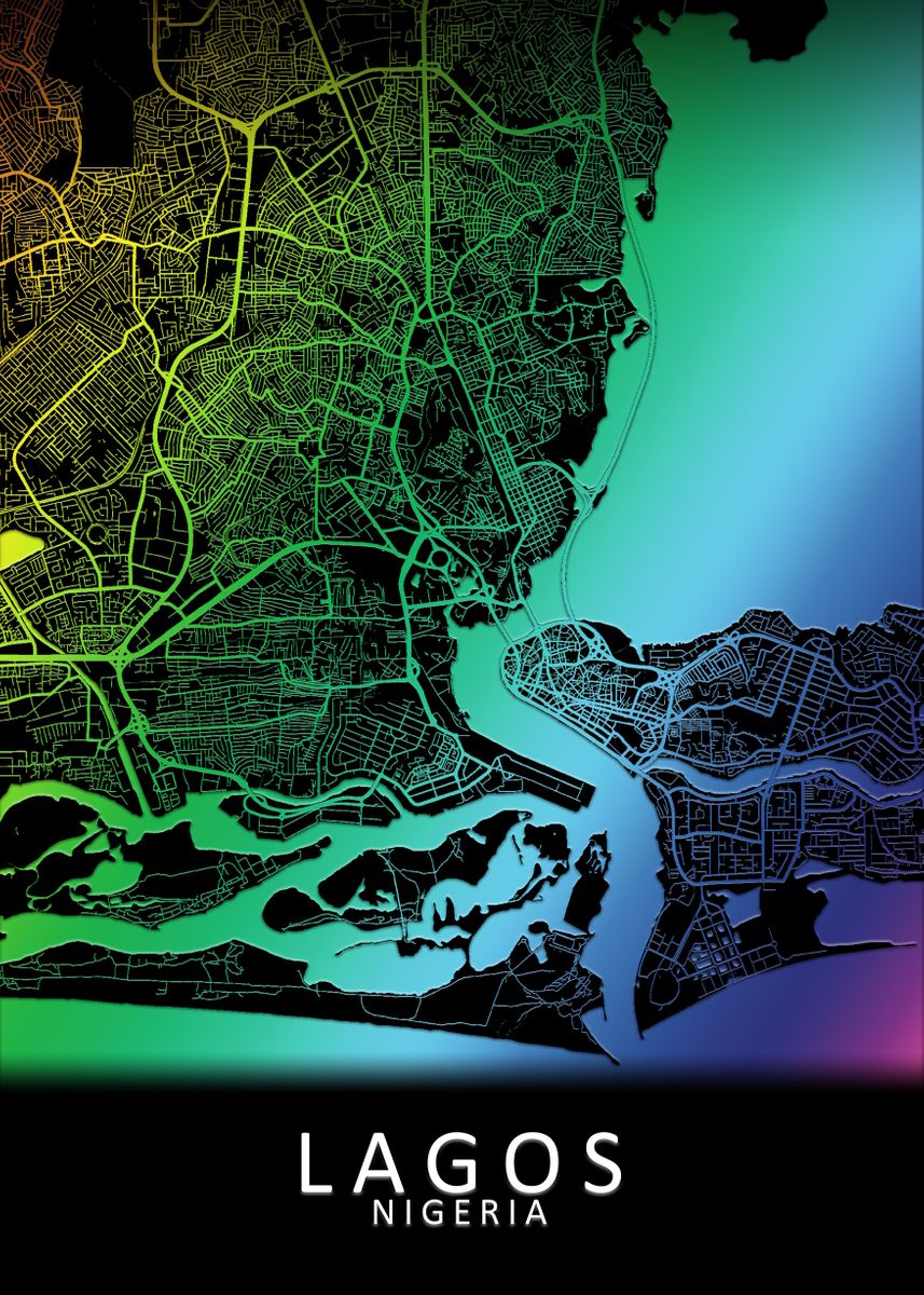 'Lagos Rainbow City Map' Poster by City Map Art Prints | Displate