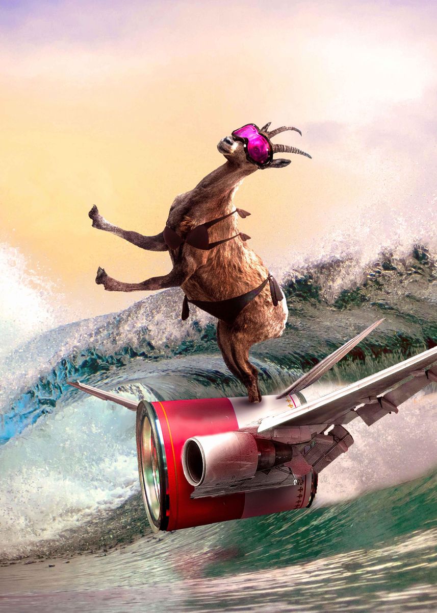 'Funny Surfing Goat' Poster, picture, metal print, paint by Random ...