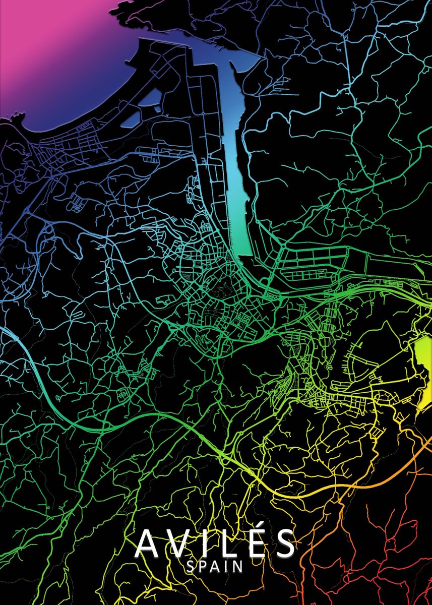 'Aviles Rainbow City Map' Poster, picture, metal print, paint by City ...