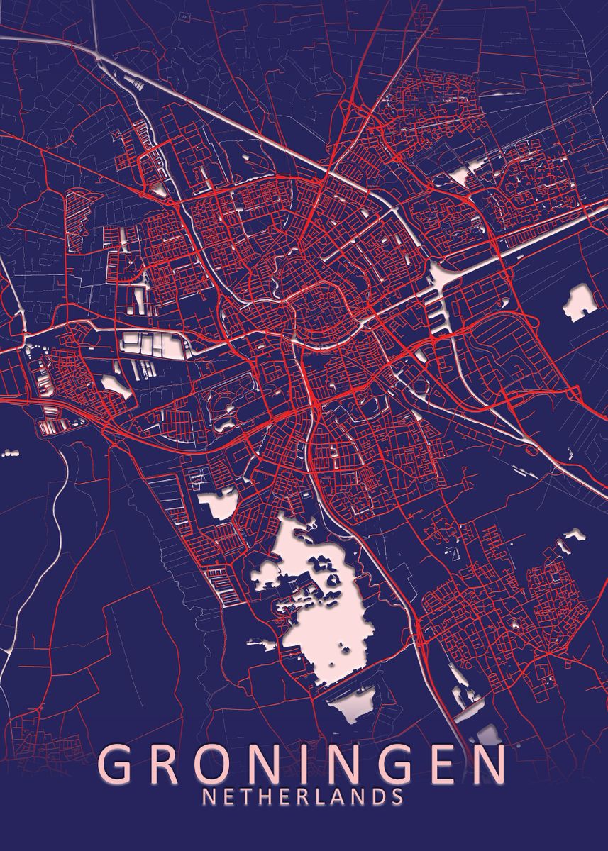 'Groningen Blue City Map' Poster, picture, metal print, paint by City ...
