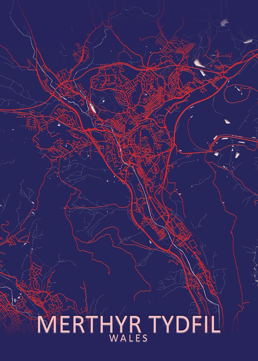 'Merthyr Tydfil Blue Map' Poster, picture, metal print, paint by City ...