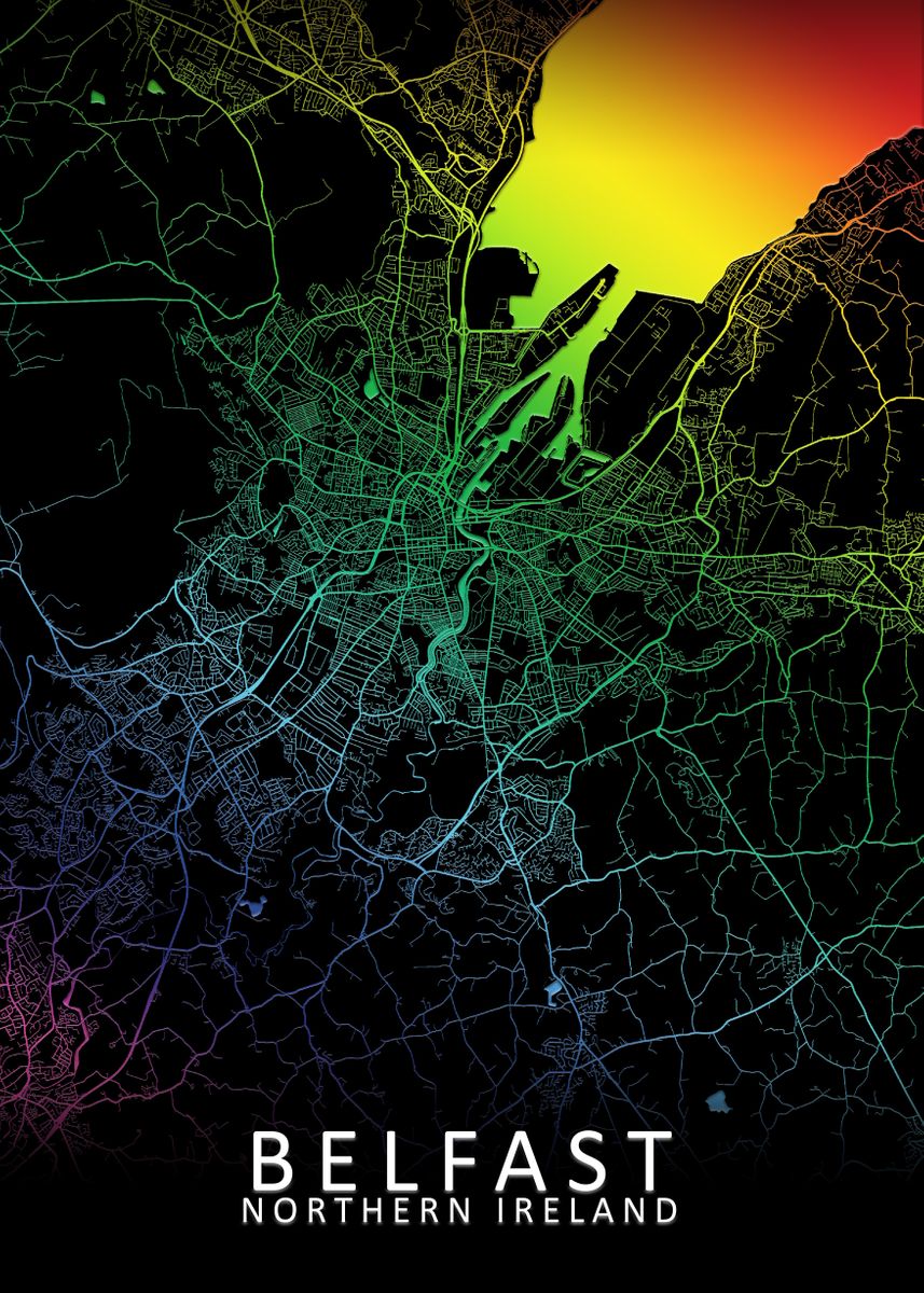 'Belfast Rainbow City Map' Poster, picture, metal print, paint by City Map Art Prints | Displate