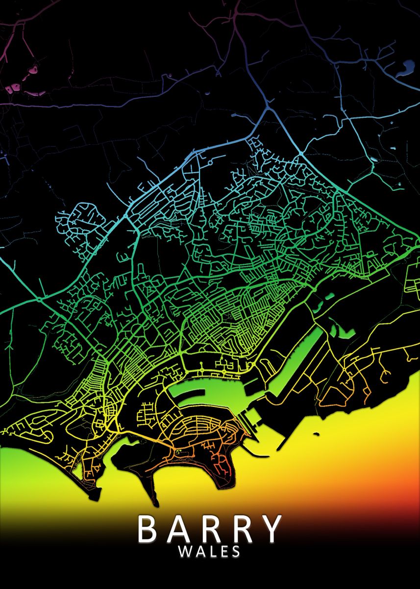 'Barry Rainbow City Map' Poster, picture, metal print, paint by City ...
