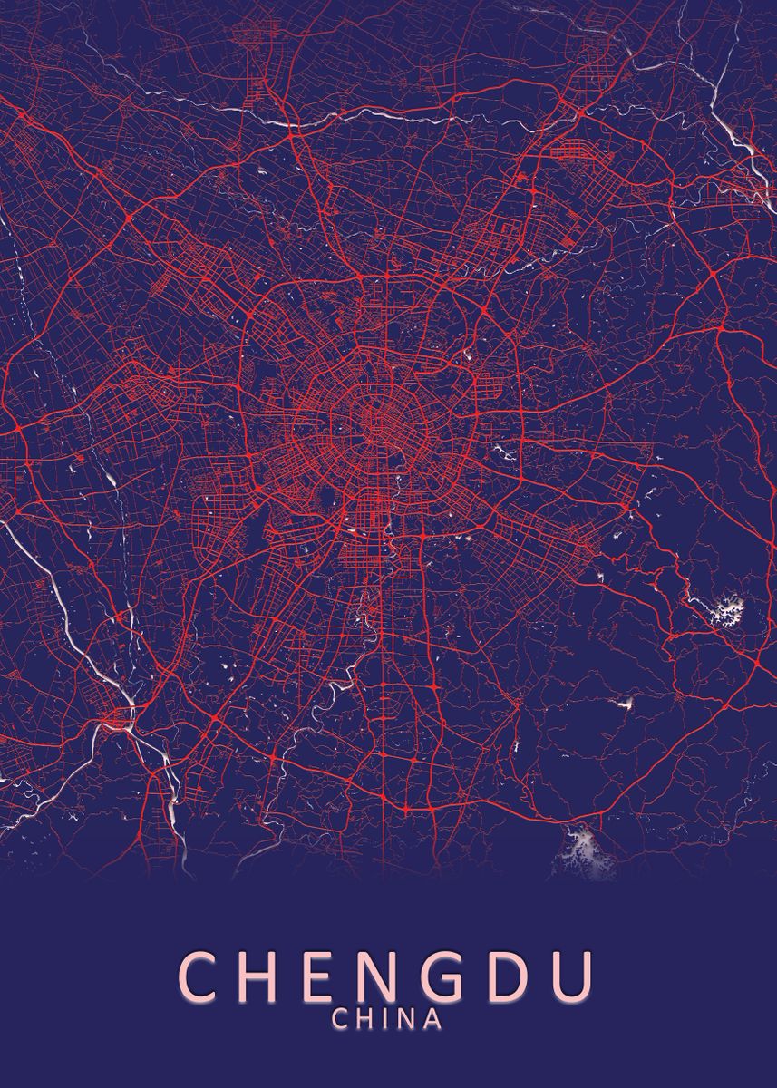 'Chengdu Blue City Map' Poster, picture, metal print, paint by City Map Art Prints | Displate