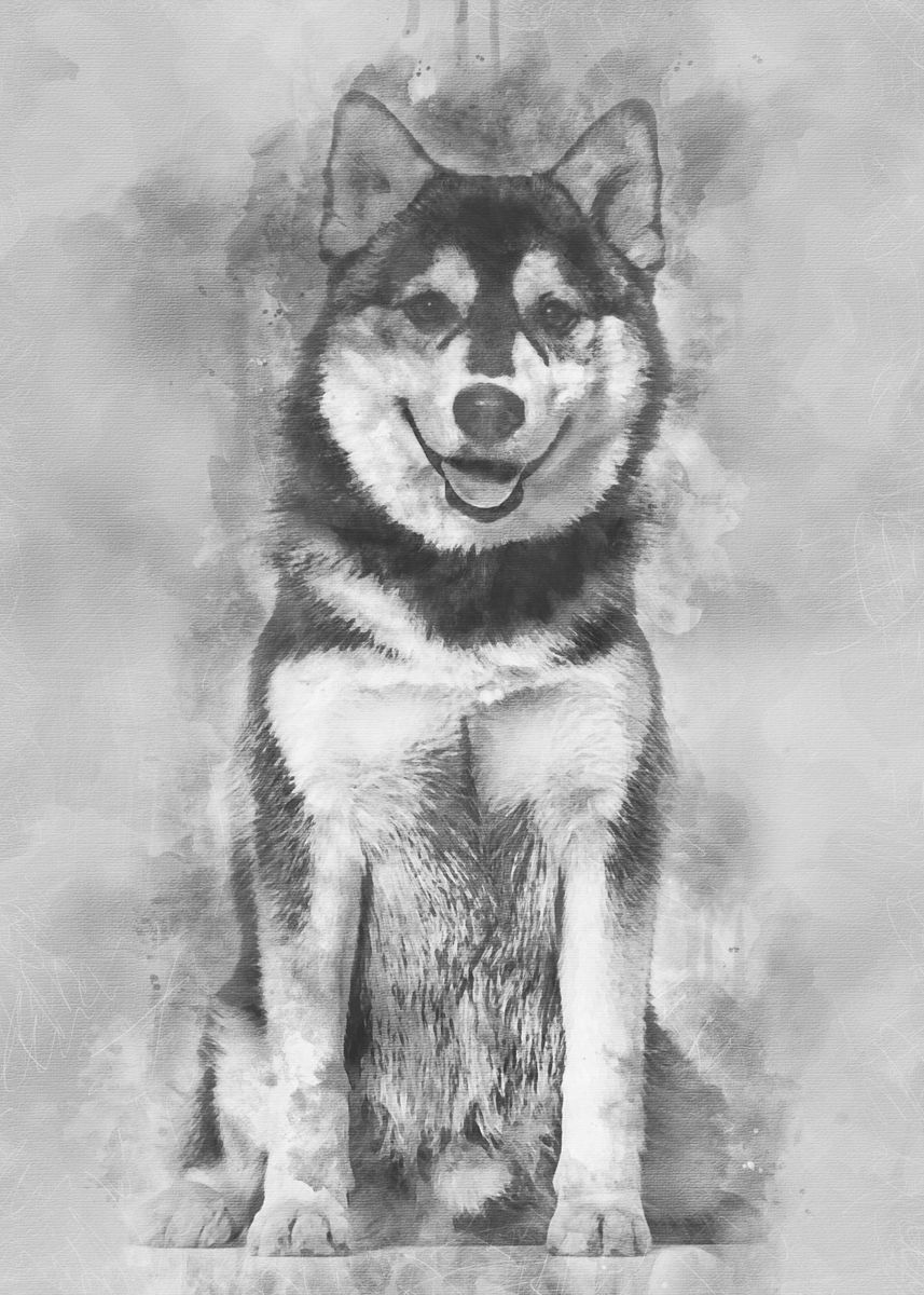 'Pomsky dog sitting against' Poster, picture, metal print, paint by ...