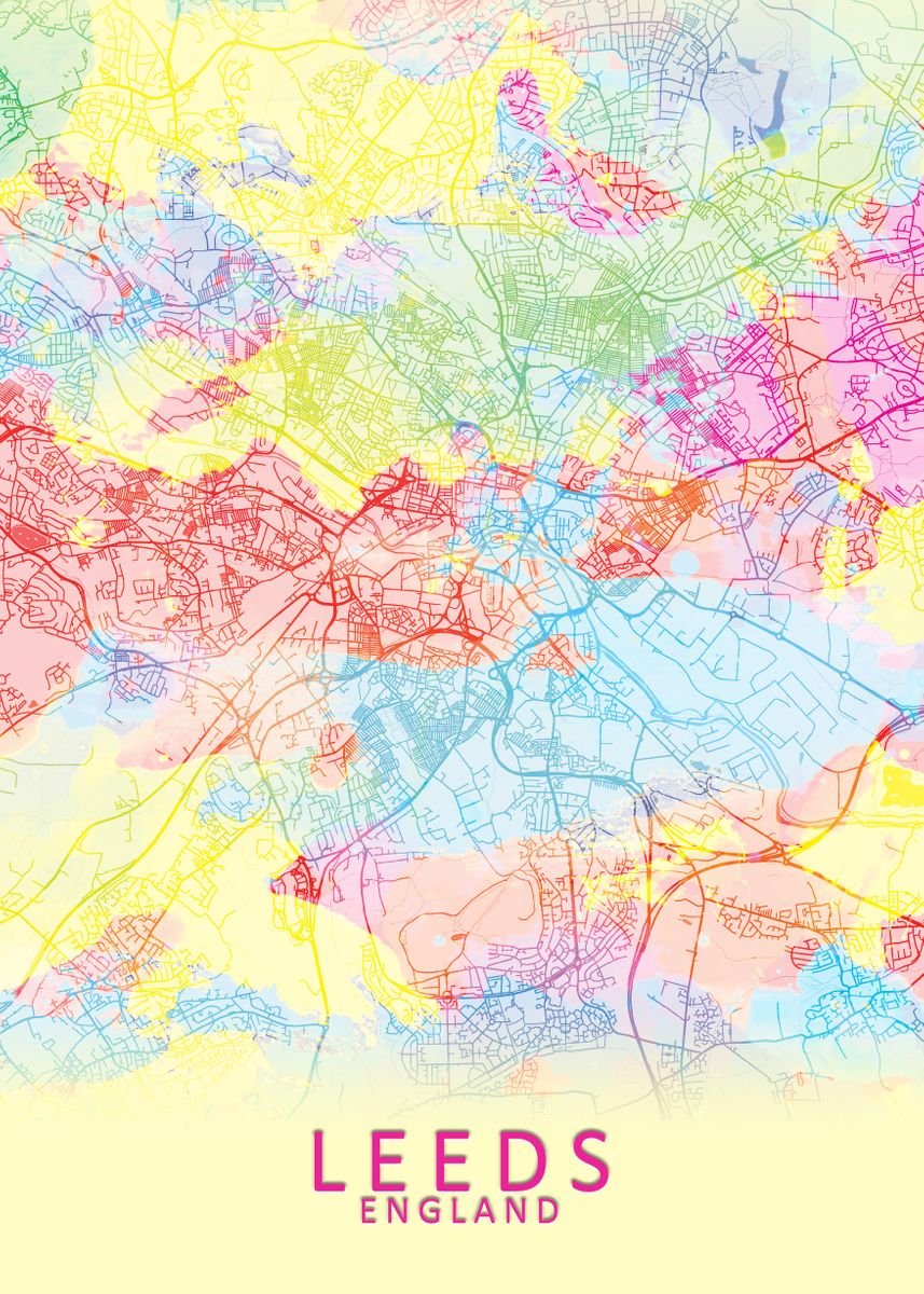 'Leeds Splash City Map' Poster, picture, metal print, paint by City Map ...