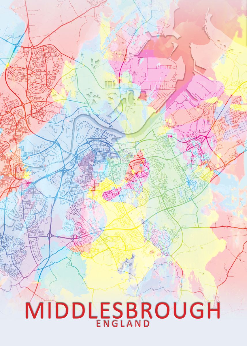 'Middlesbrough Splash Map' Poster, picture, metal print, paint by City ...