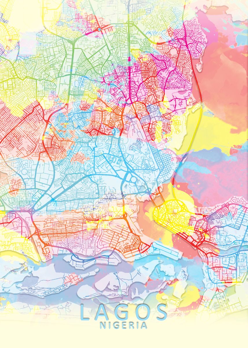 'Lagos Colour Splash Map' Poster by City Map Art Prints | Displate