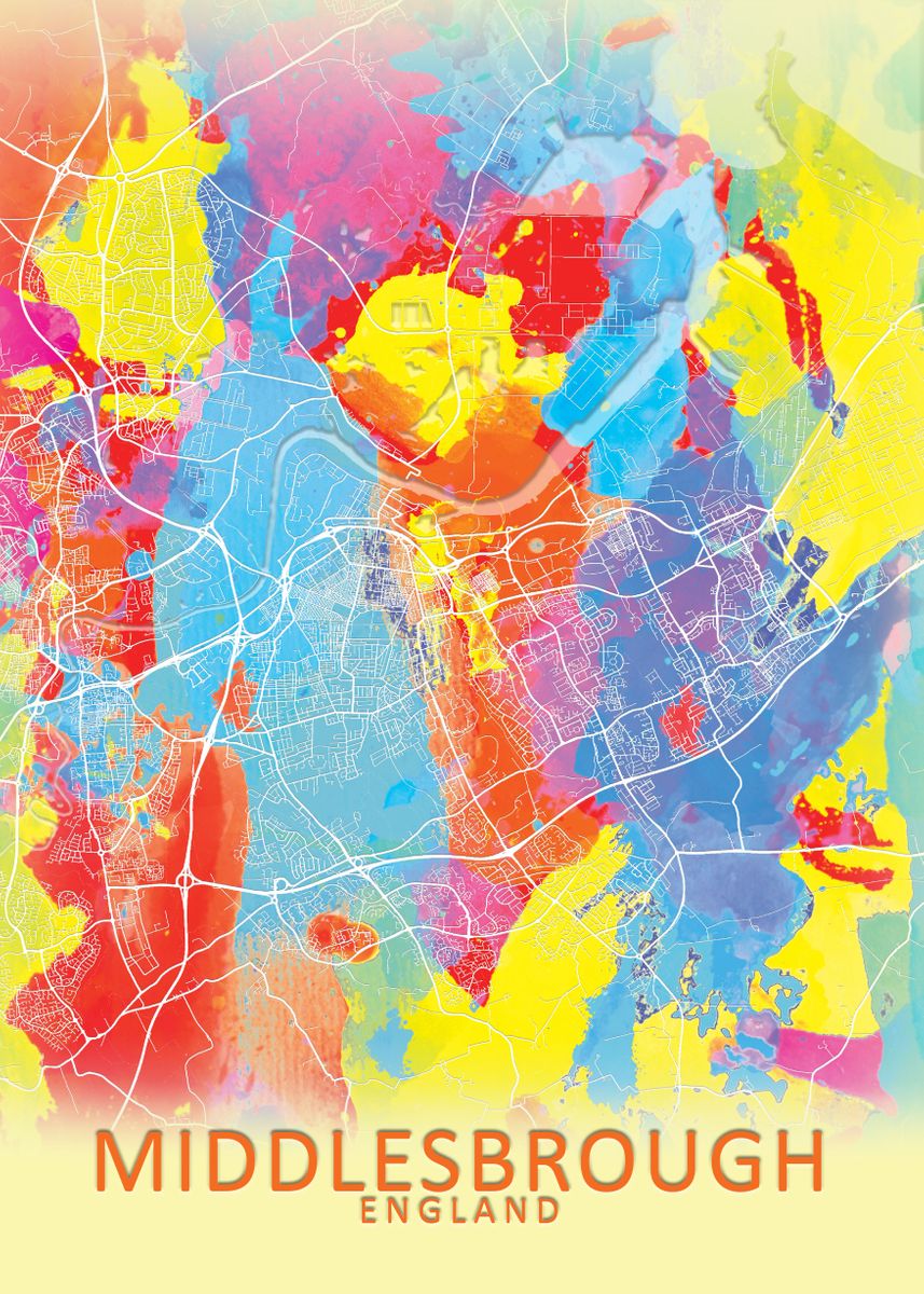 'Middlesbrough Splash Map' Poster, picture, metal print, paint by City ...
