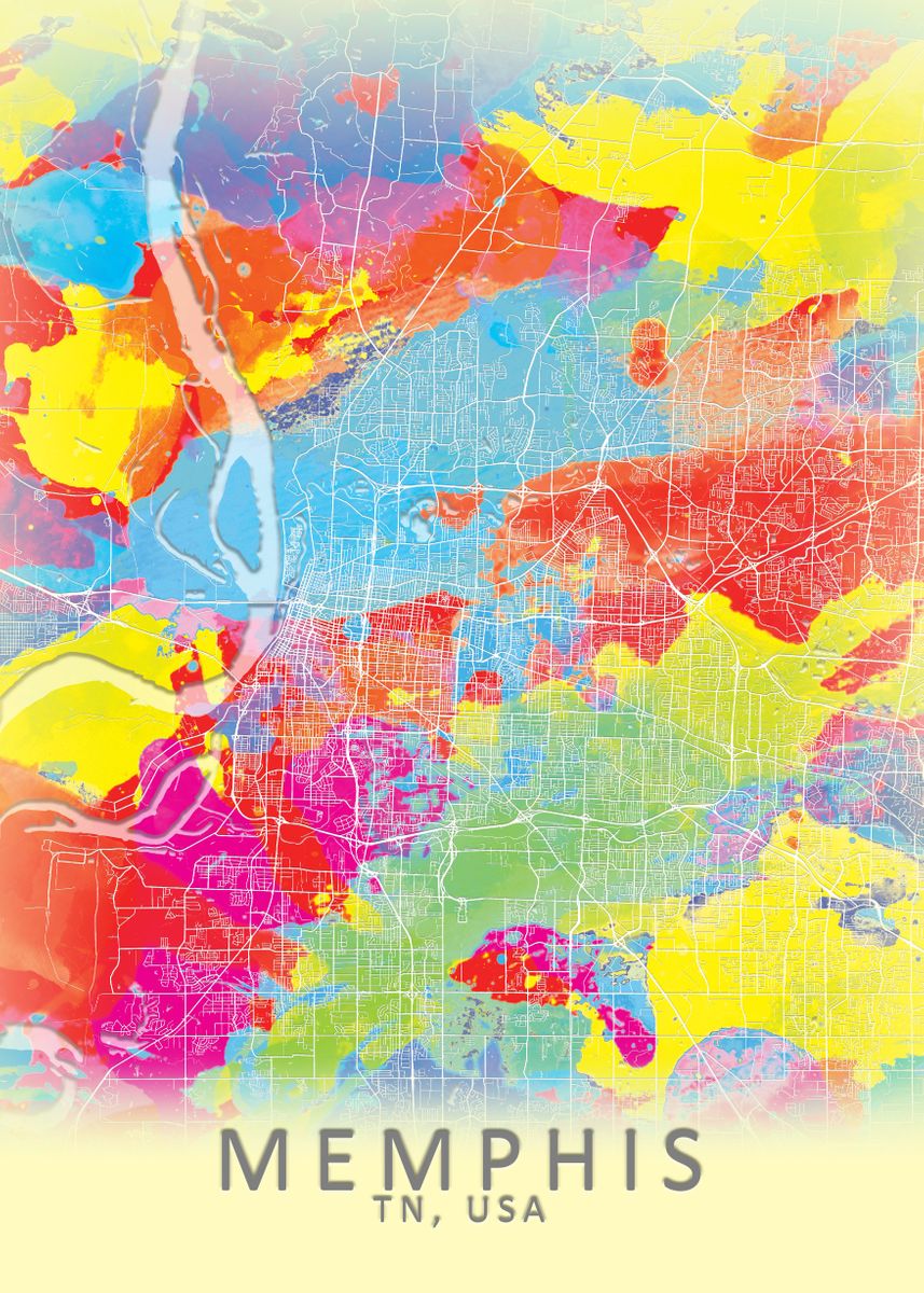 'Memphis Splash City Map' Poster, picture, metal print, paint by City ...