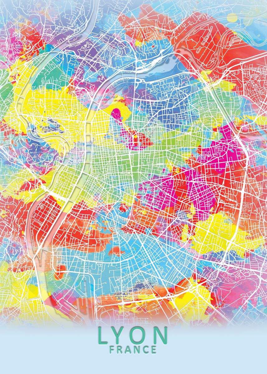'Lyon Colour Splash CityMap' Poster by City Map Art Prints | Displate