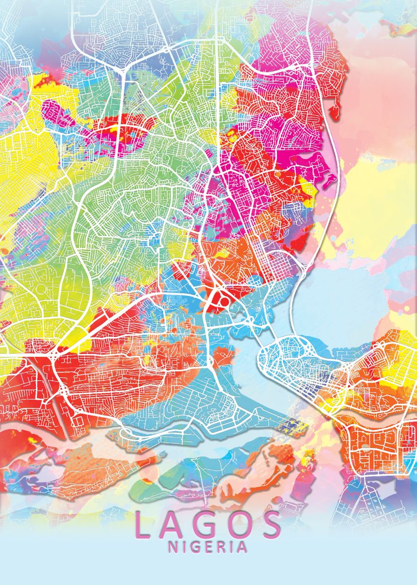 'Lagos Colour Splash Map' Poster, picture, metal print, paint by City ...