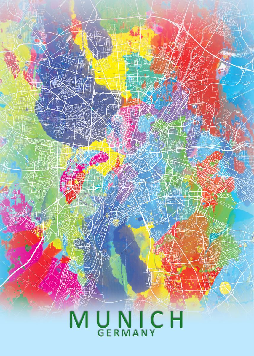 'Munich Splash City Map' Poster, picture, metal print, paint by City ...