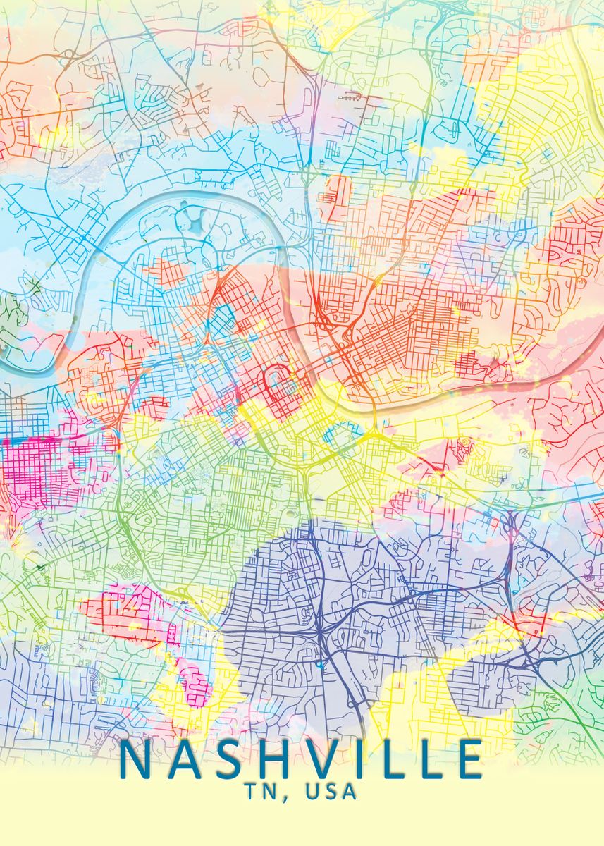 'Nashville Splash City Map' Poster, picture, metal print, paint by City ...