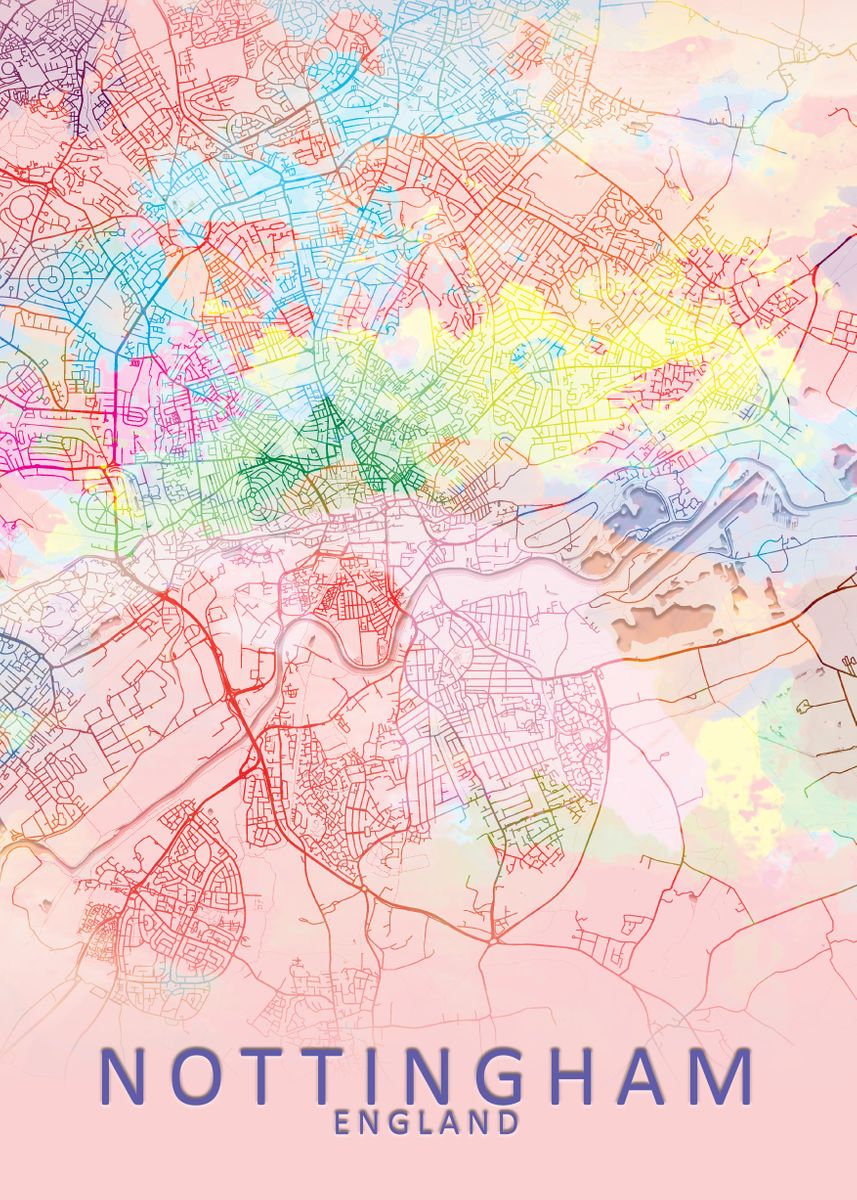 'Nottingham Splash City Map' Poster, picture, metal print, paint by ...