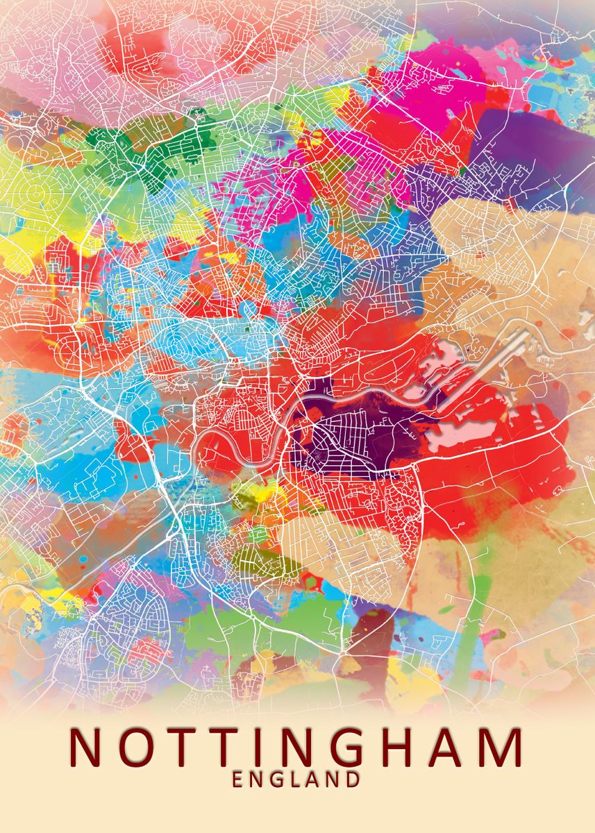 'Nottingham Splash City Map' Poster, picture, metal print, paint by ...