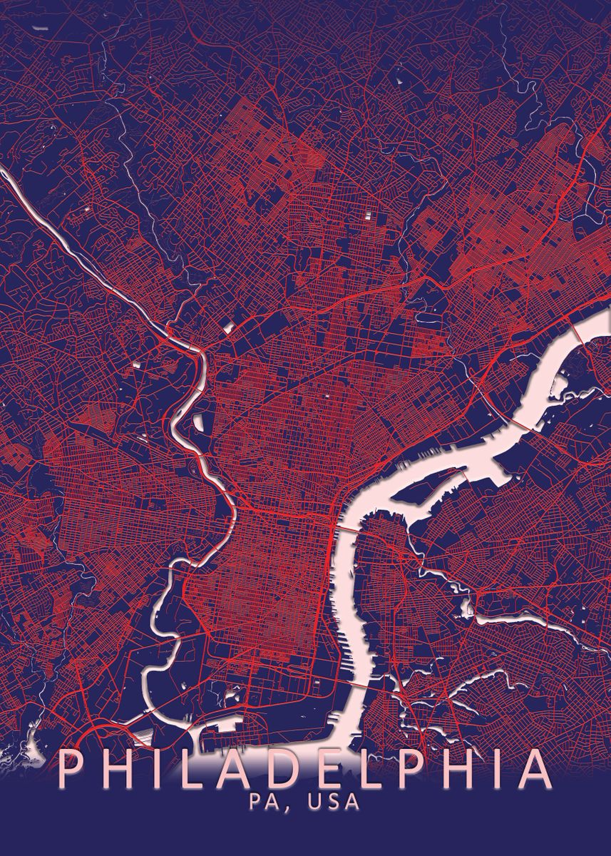 'Philadelphia Blue City Map' Poster, picture, metal print, paint by ...