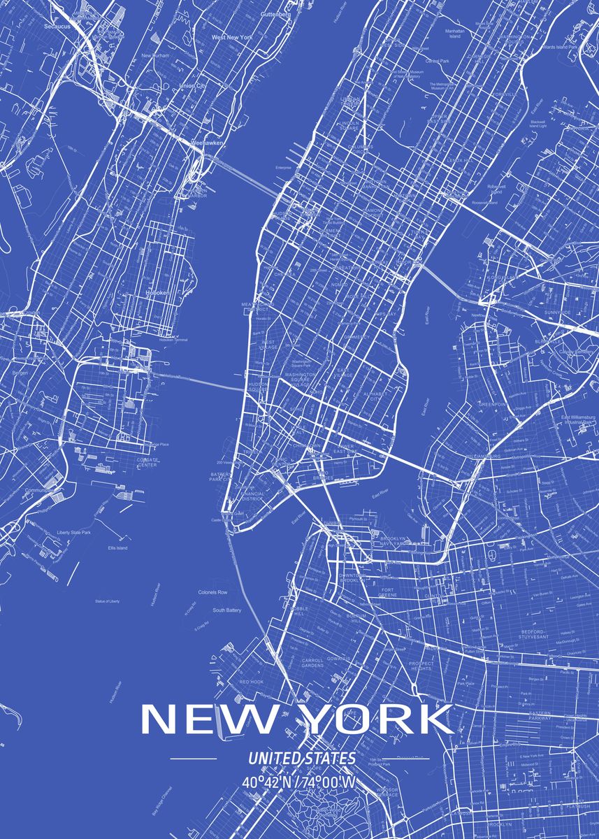 'New York Blueprint Map' Poster, picture, metal print, paint by baoshi ...