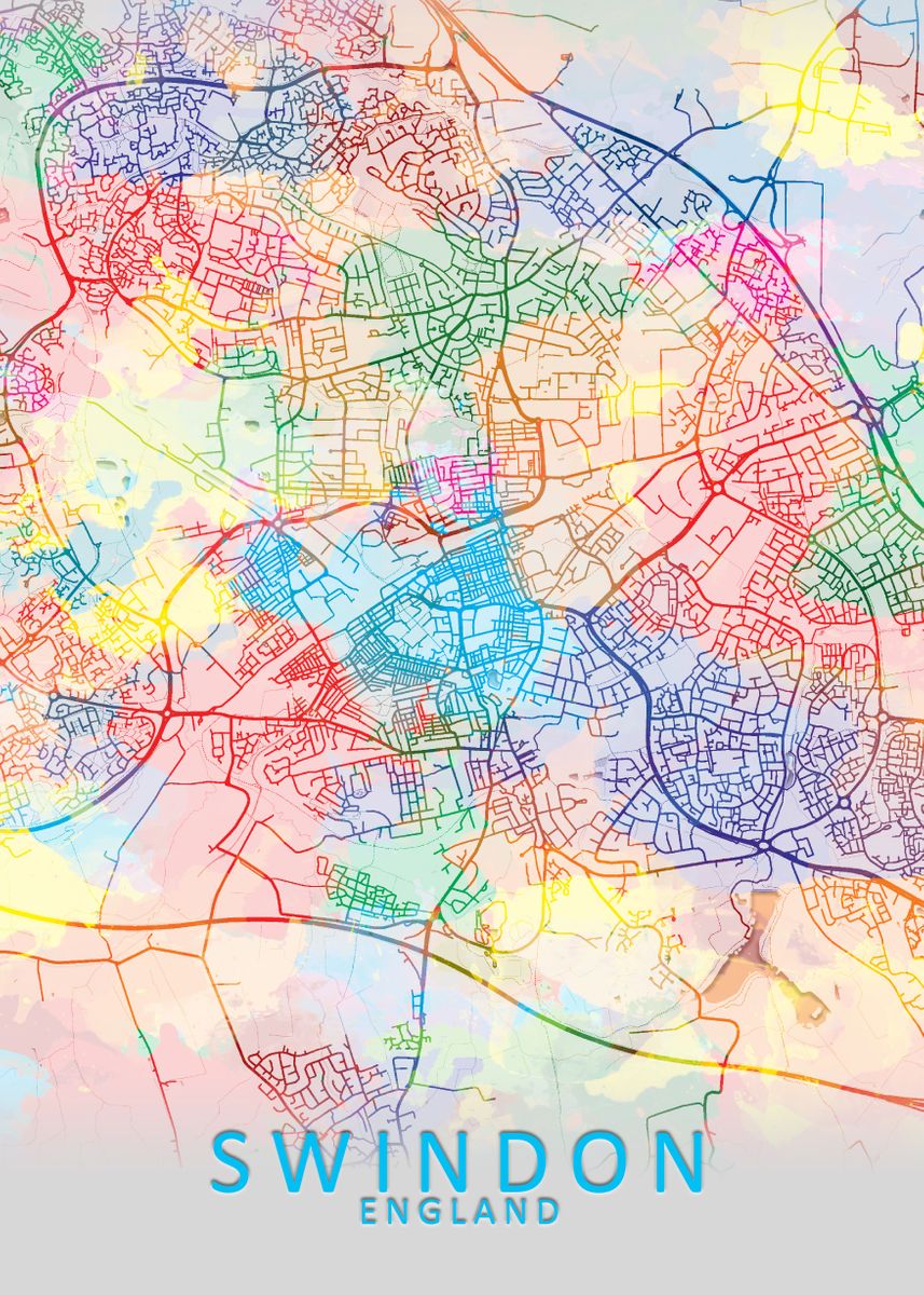 'Swindon Splash City Map' Poster, picture, metal print, paint by City ...