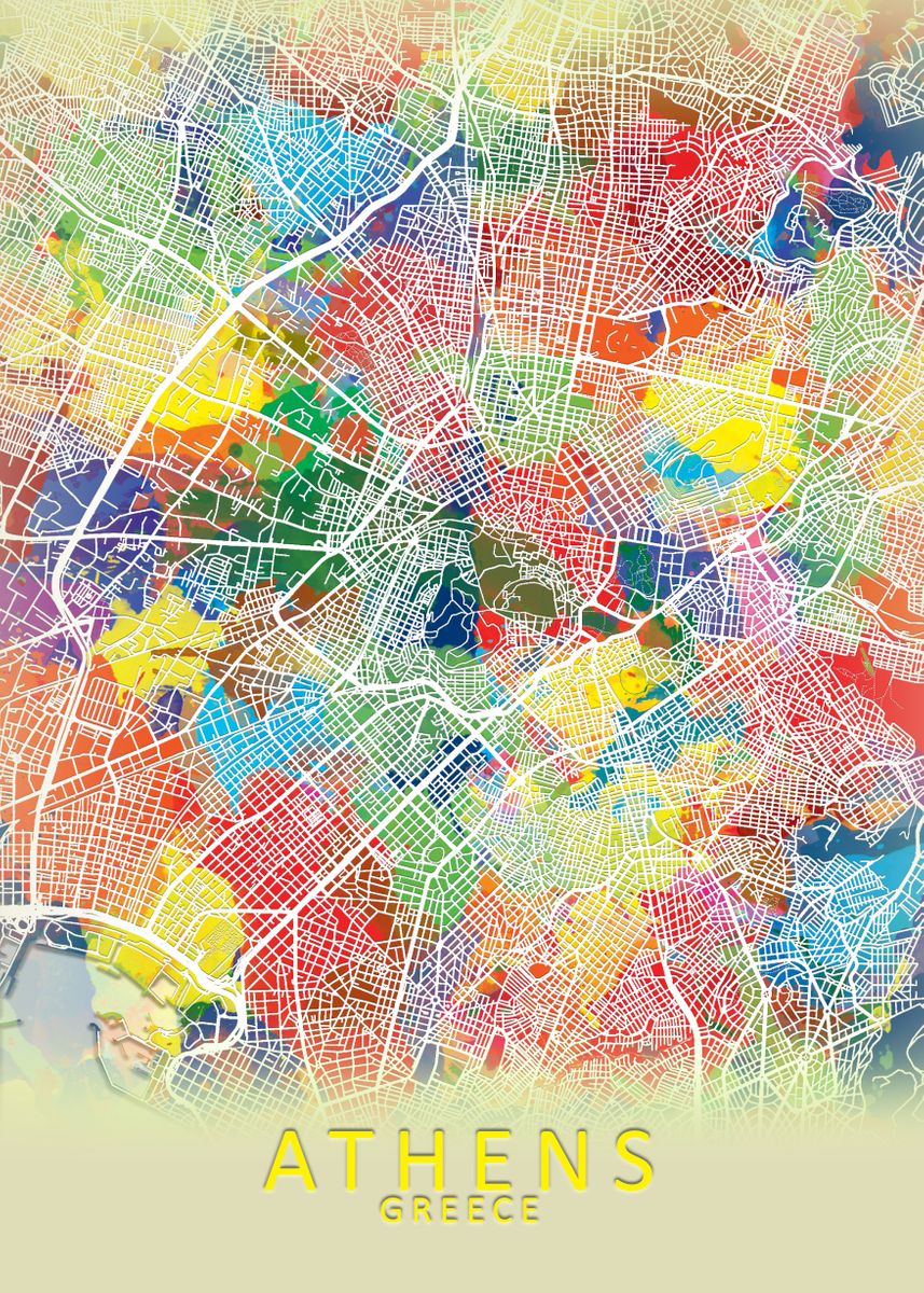 'Athens Splash City Map' Poster by City Map Art Prints | Displate