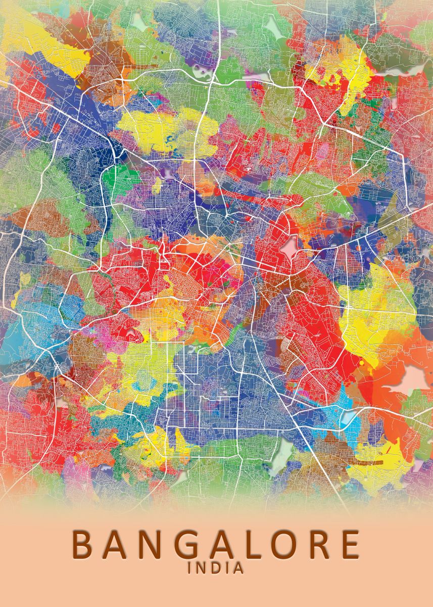 'Bangalore Splash City Map' Poster, picture, metal print, paint by City ...