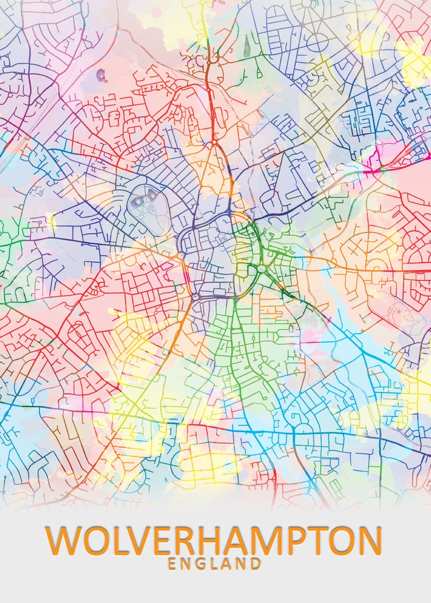 'Wolverhampton Splash Map' Poster, picture, metal print, paint by City ...