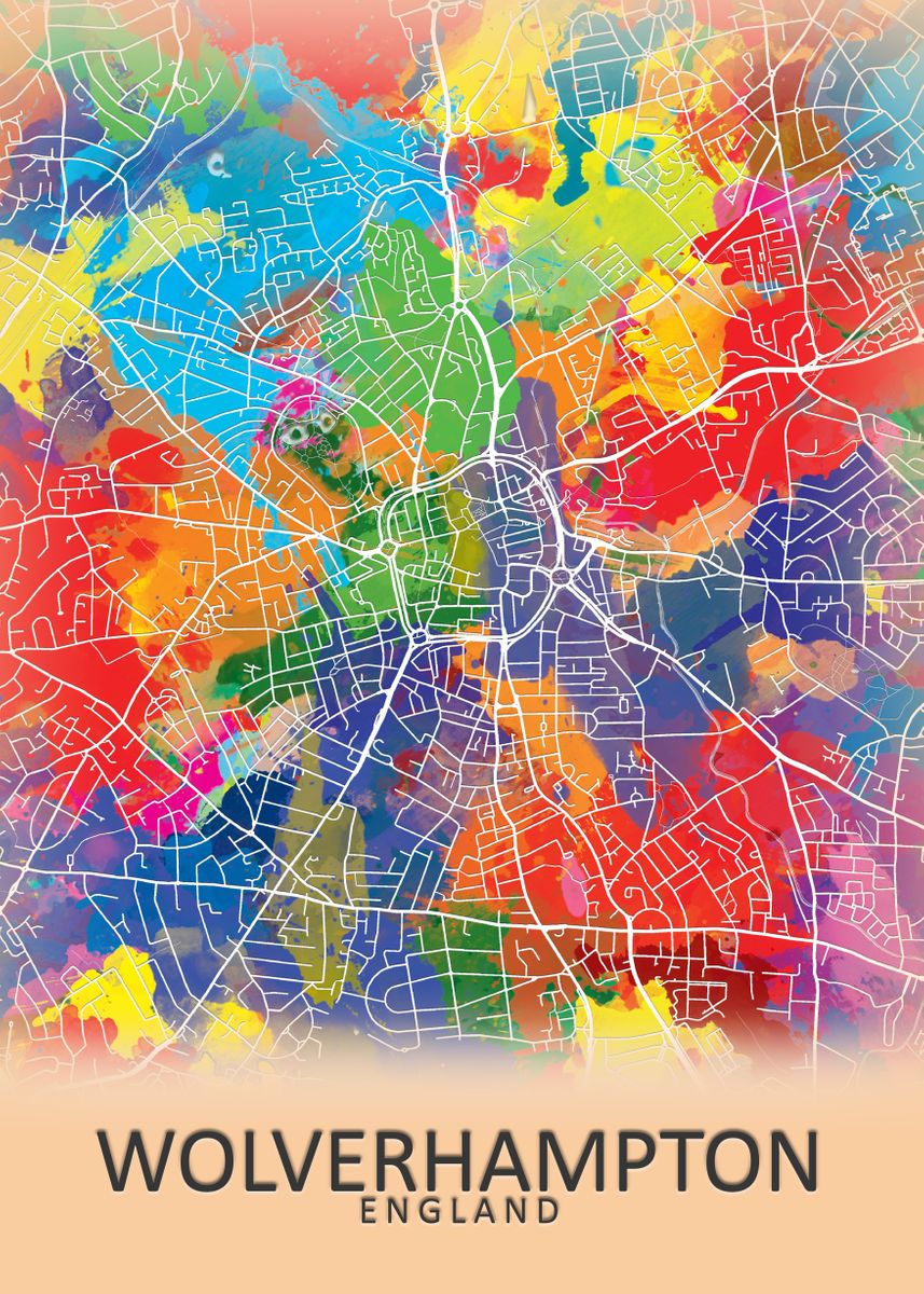 'Wolverhampton Splash Map' Poster, picture, metal print, paint by City ...