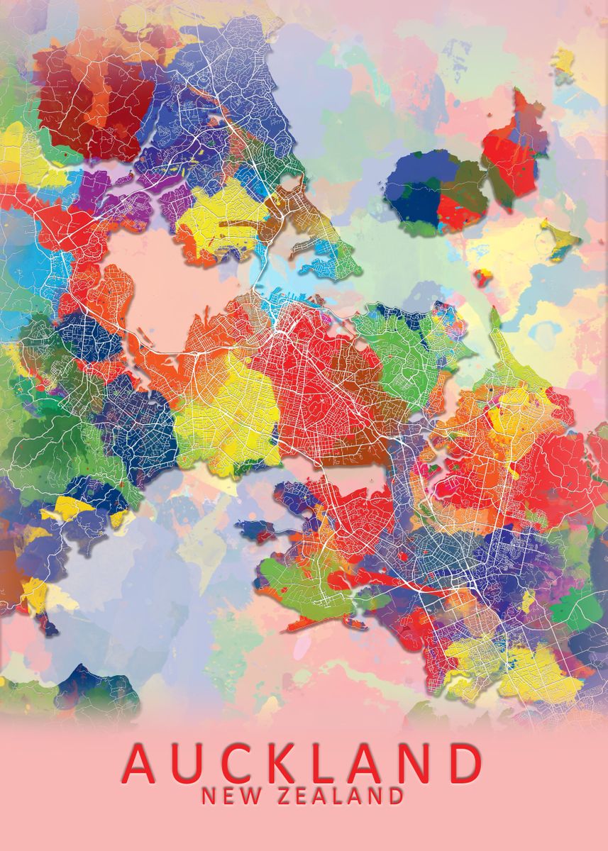 'Auckland Splash City Map' Poster, picture, metal print, paint by City ...