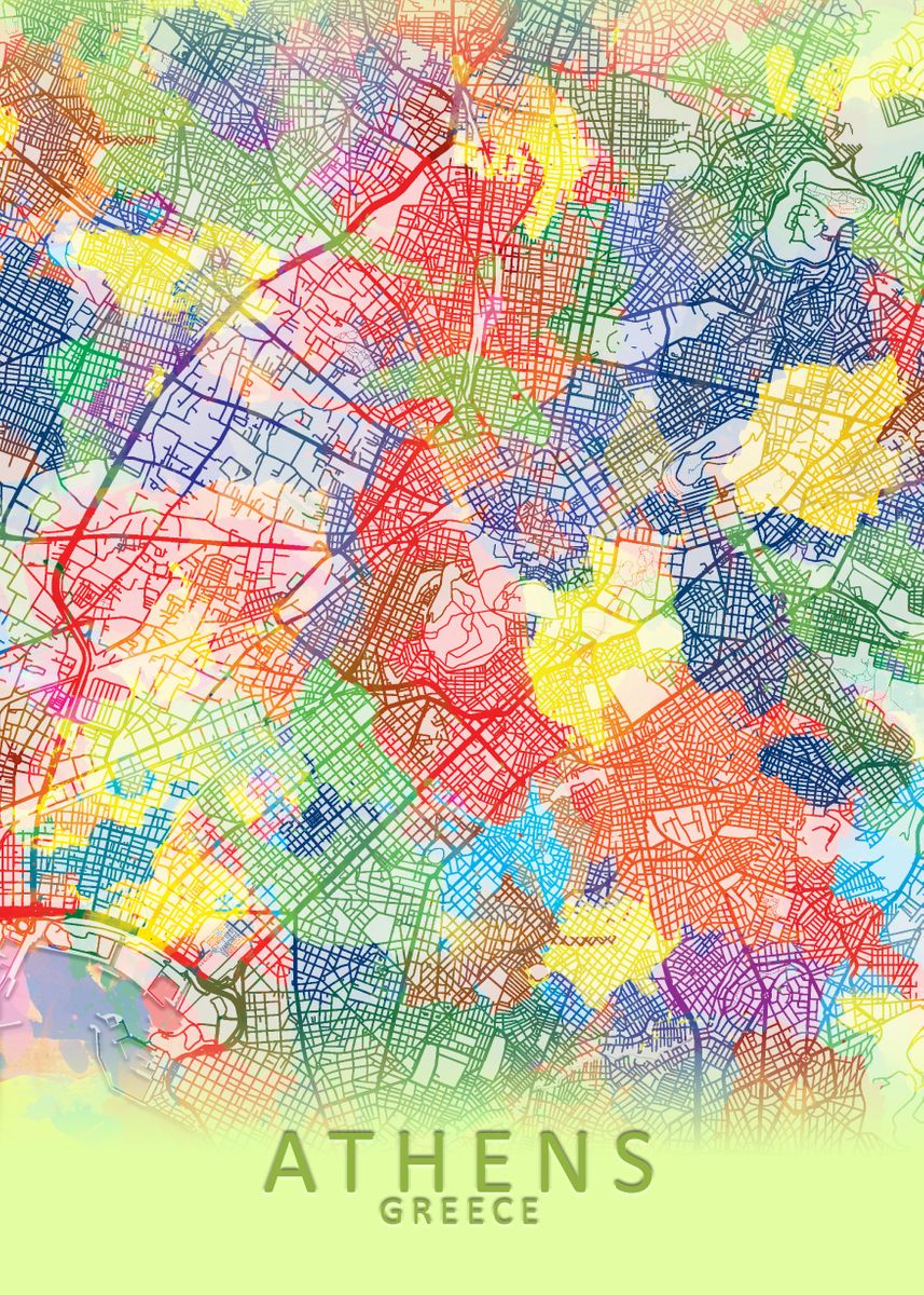 'Athens Splash City Map' Poster, picture, metal print, paint by City ...