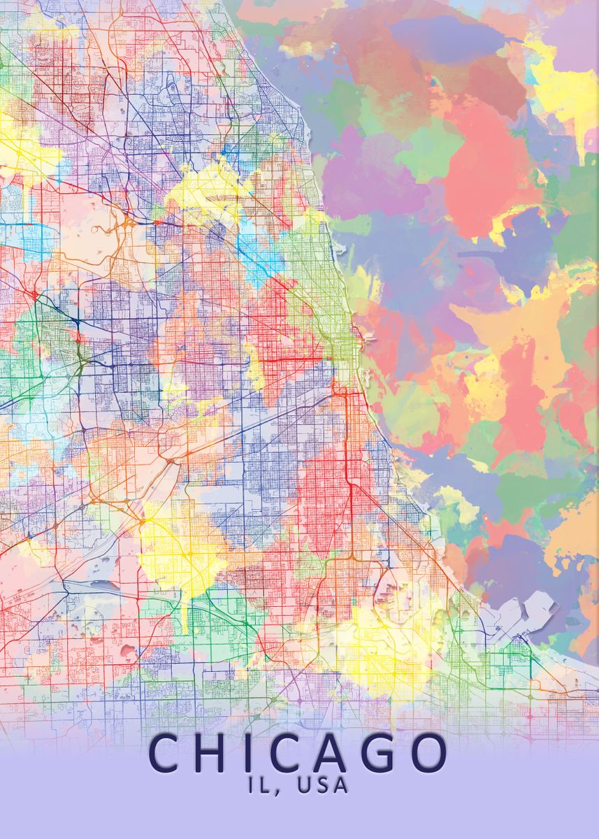 'Chicago Splash City Map' Poster, picture, metal print, paint by City ...