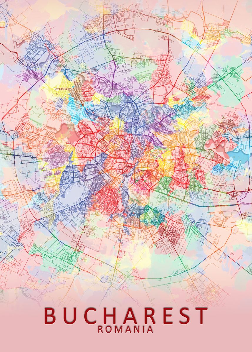 'Bucharest Splash City Map' Poster by City Map Art Prints | Displate