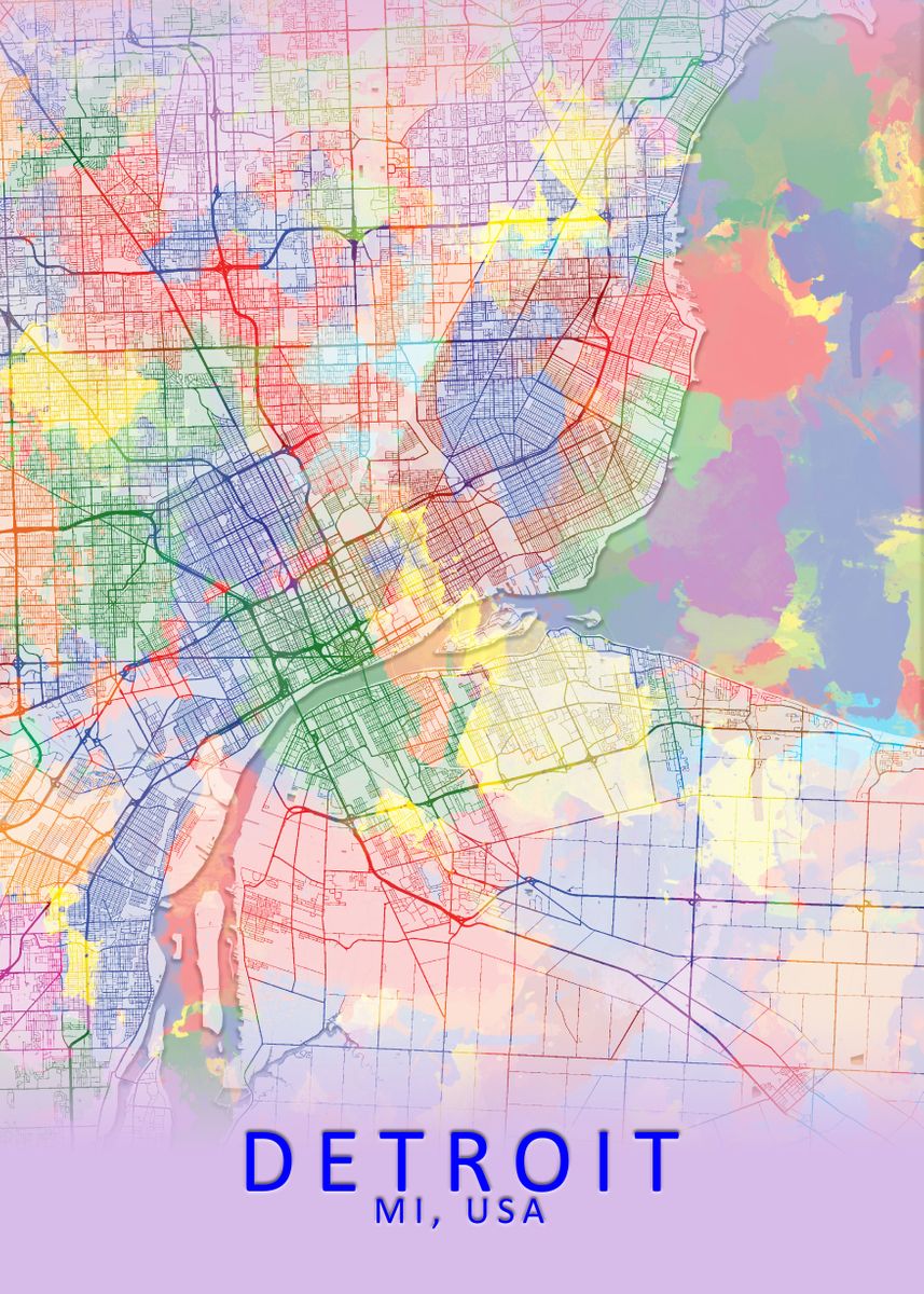 'Detroit Splash City Map' Poster by City Map Art Prints | Displate
