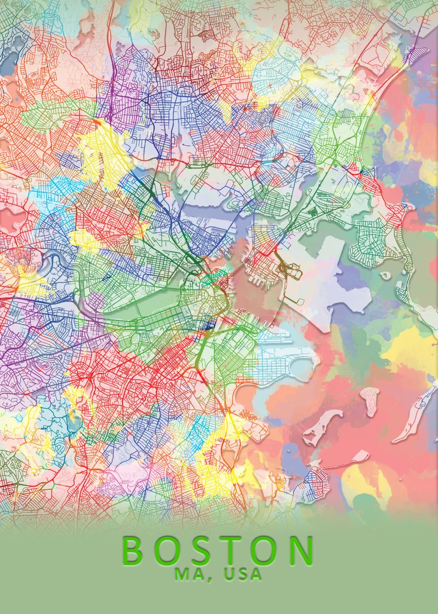 'Boston Splash City Map' Poster, picture, metal print, paint by City ...