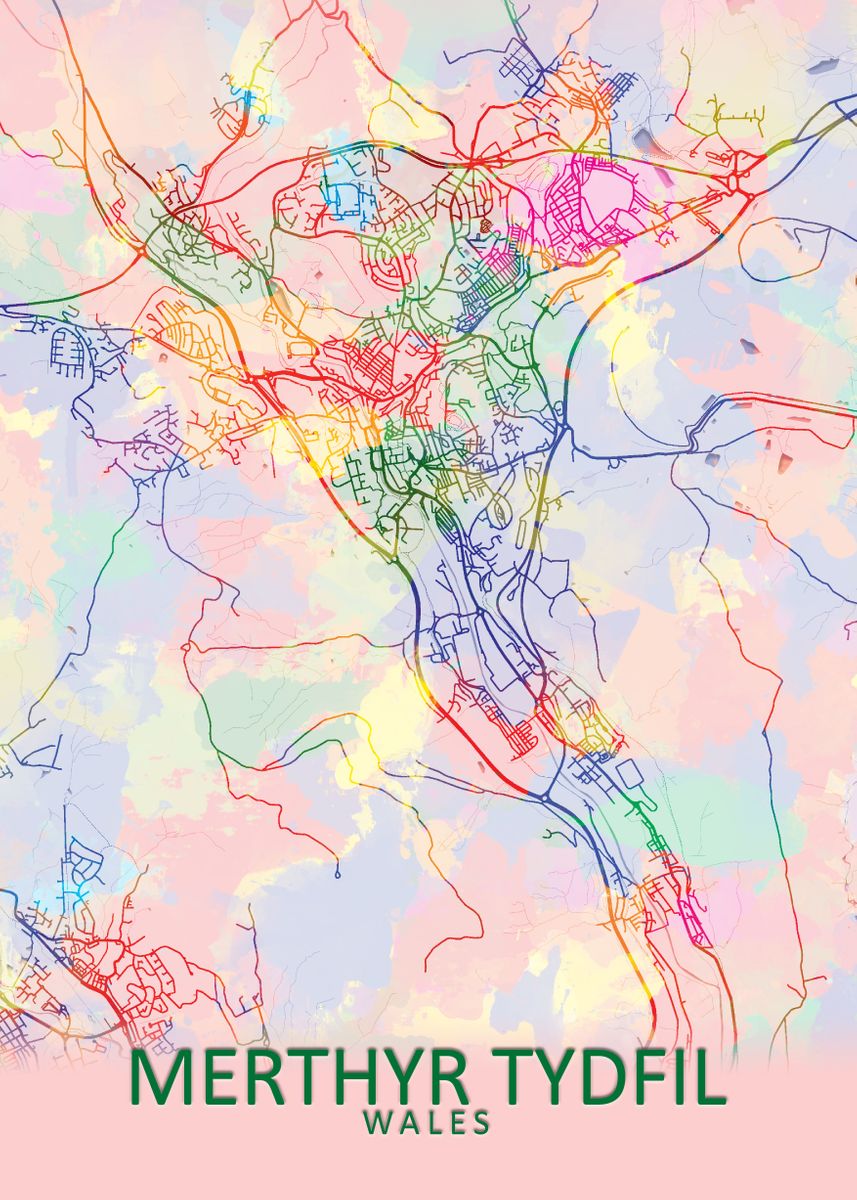 'Merthyr Tydfil Splash Map' Poster, picture, metal print, paint by City ...