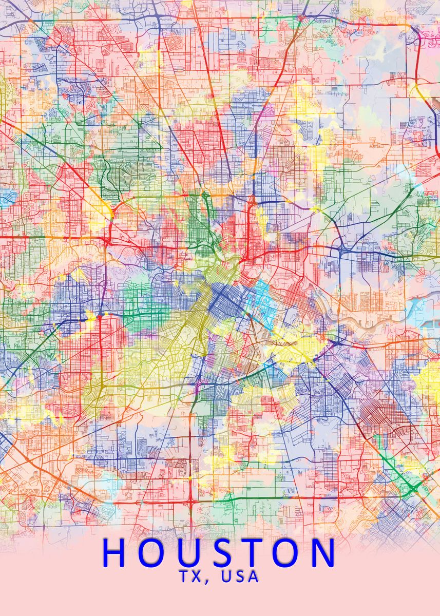 'Houston Splash City Map' Poster, picture, metal print, paint by City ...