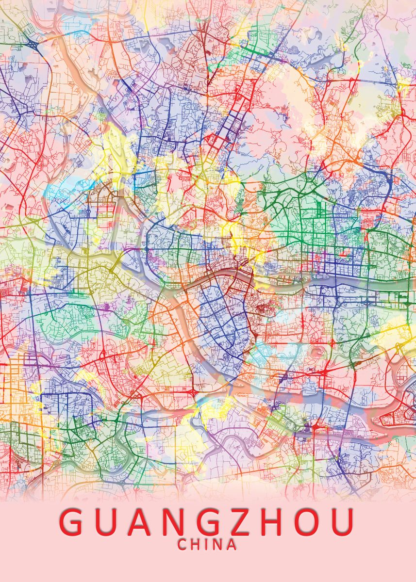 'Guangzhou Splash City Map' Poster, picture, metal print, paint by City Map Art Prints | Displate