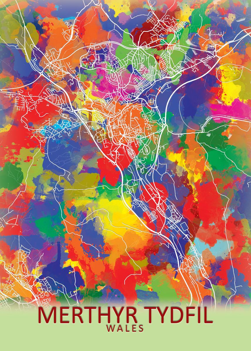 'Merthyr Tydfil Splash Map' Poster, picture, metal print, paint by City ...