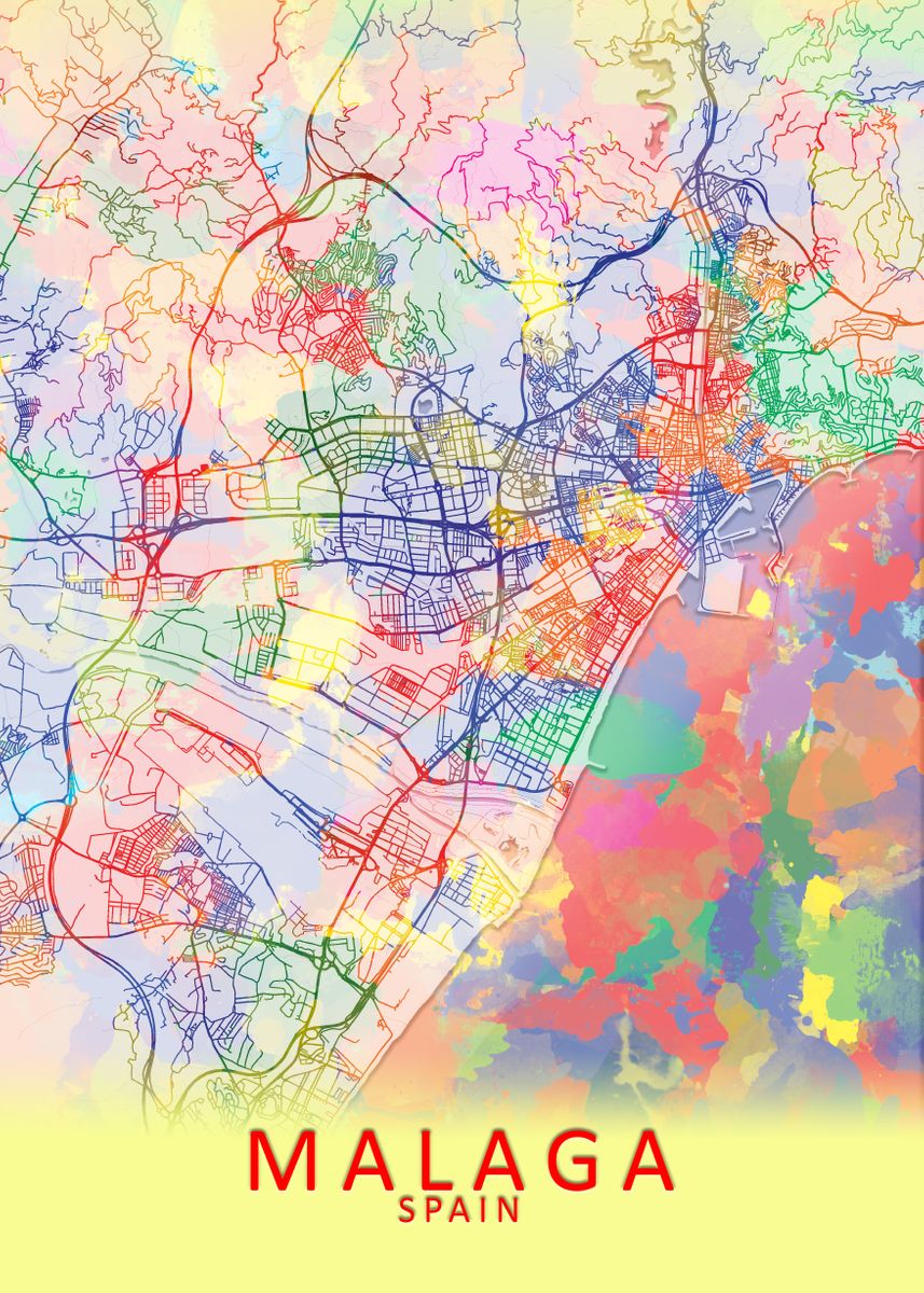 'Malaga Splash City Map' Poster by City Map Art Prints | Displate